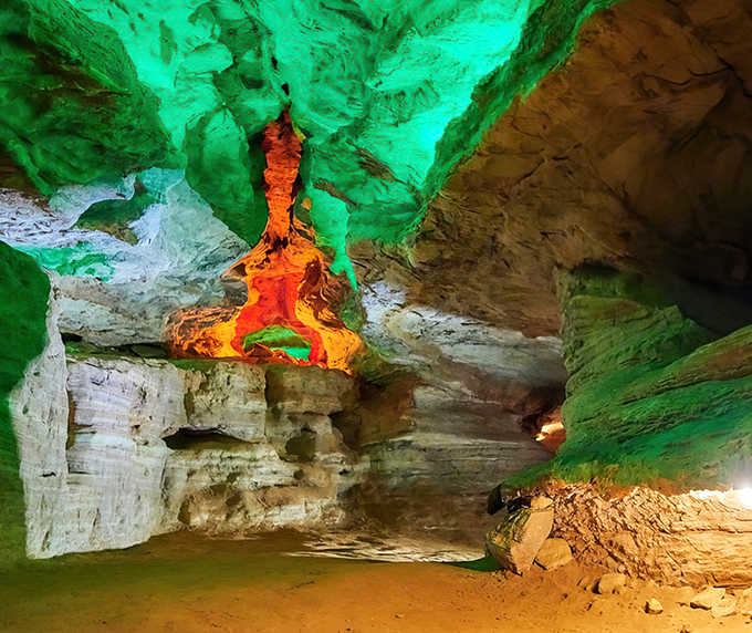 Mother Nature's light show puts Vegas to shame! The psychedelic illumination transforms ordinary rock formations into an underground wonderland of color. 