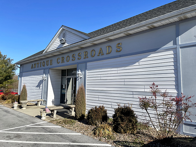 The unassuming white exterior of Antique Crossroads belies the wonderland within—like finding Narnia in a suburban strip mall.