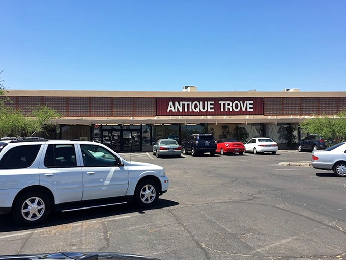 The unassuming exterior of Antique Trove belies the time-traveling adventure waiting inside. Like a TARDIS for treasure hunters in Scottsdale.