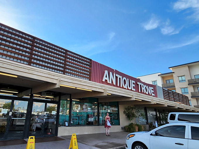 The unassuming exterior of Antique Trove belies the wonderland within. Like finding a portal to the past beneath Arizona's brilliant blue skies.