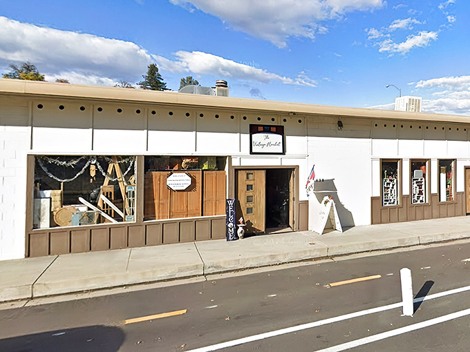 The unassuming exterior of The Vintage Market in Redding hides a wonderland of treasures within, like a book you can't judge by its cover.