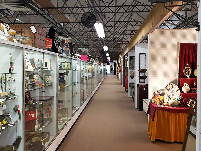 Welcome to treasure hunter paradise! The Heart of Ohio Antique Center in Springfield greets visitors with its charming farmhouse-style entrance and the promise of discoveries within.