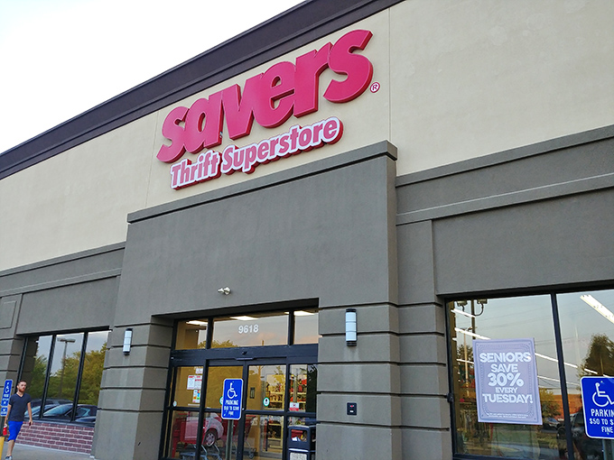 The unassuming exterior of Savers in Sappington beckons bargain hunters with its bright red signage&mdash;retail therapy without the retail prices.