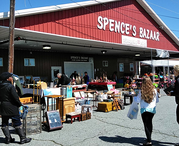 The iconic red barn of Spence's Bazaar stands like a treasure chest waiting to be opened, with vendors already setting up their wares outside.
