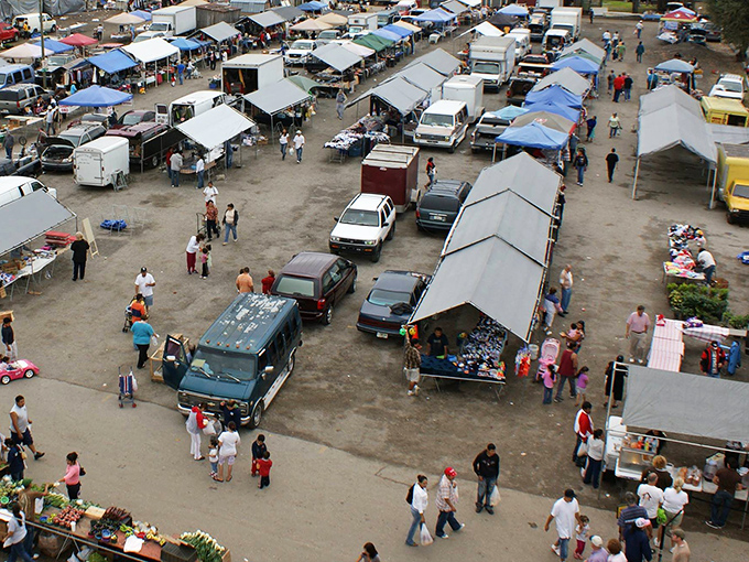 An aerial view reveals the bustling heart of Plant City's market ecosystem&mdash;trucks laden with fresh harvests creating a colorful patchwork of agricultural abundance.
