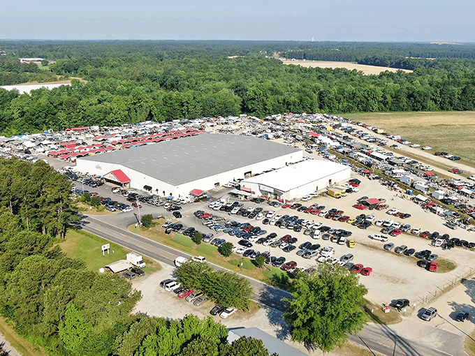 The red-trimmed entrance to Brightleaf Market stands like a beacon of bargain possibilities under Carolina's blue skies. Adventure awaits inside!