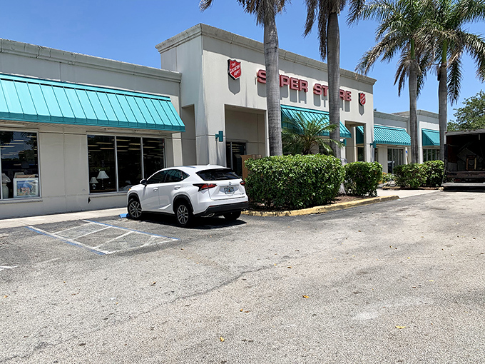 Palm trees standing guard outside this unassuming treasure vault prove that even thrift stores dress up for Florida living.