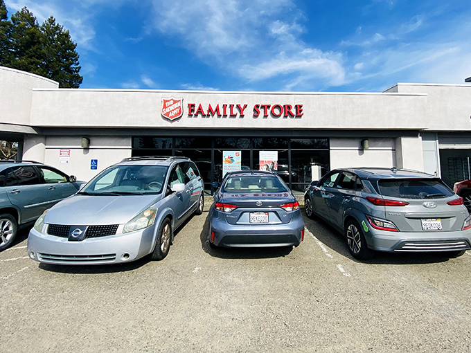 The iconic red shield welcomes bargain hunters to this Santa Rosa treasure trove, where California thrift dreams come true under brilliant blue skies.