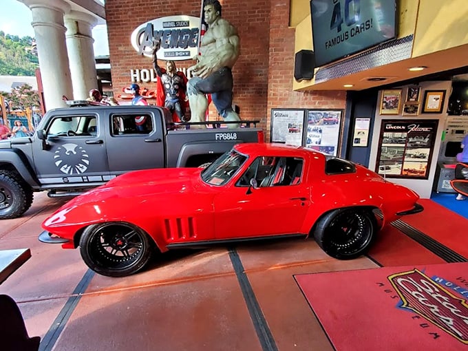 The Hollywood Star Cars Museum stands proudly on Gatlinburg's bustling Parkway, beckoning movie buffs and gearheads alike with its iconic signage and promise of automotive stardom.