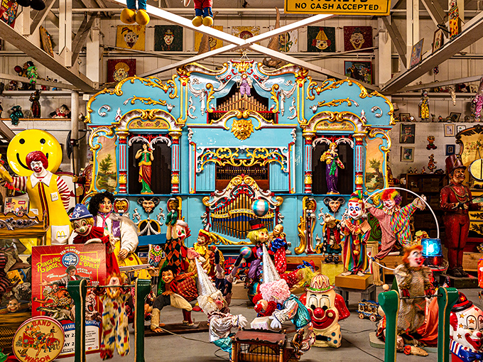 A kaleidoscope of nostalgia explodes in this ornate mechanical music machine display, where carnival dreams and childhood memories collide in technicolor glory.