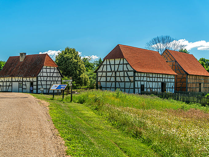 Half-timbered heaven! These German farmhouses showcase the distinctive architectural style that later influenced buildings throughout the Shenandoah Valley.