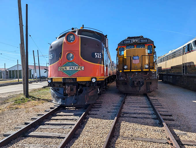 The gleaming yellow Union Pacific locomotive #1848 and the vibrant orange Iowa Pacific #515 stand side-by-side, like 200-ton time machines waiting to whisk you back to railroading's golden age at this fascinating Illinois museum. 