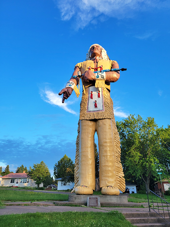Standing tall against Michigan's blue sky, Hiawatha commands attention like a celestial doorman welcoming visitors to Ironwood's most distinctive landmark.
