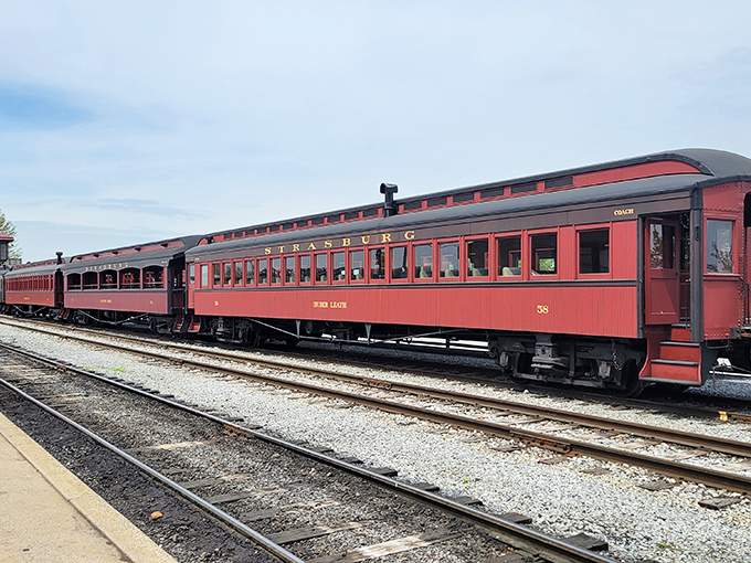That classic burgundy and cream paint scheme makes every arrival feel like stepping into a Norman Rockwell painting.