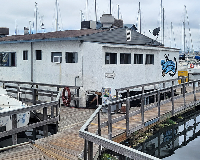 The Chowder Barge floats proudly in Wilmington's Leeward Bay Marina, a white nautical treasure waiting to be discovered by hungry seafood lovers.