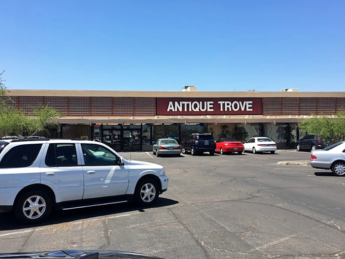 The unassuming exterior of Antique Trove belies the time-traveling adventure waiting inside. Like a TARDIS for treasure hunters in Scottsdale.