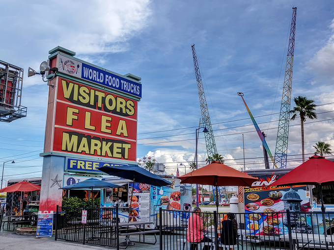 The iconic sign beckons bargain hunters like a neon-lit promise of treasures waiting to be discovered under the Florida sun.