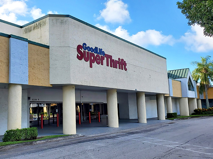 The unassuming exterior of GoodLife SuperThrift belies the treasure trove within. Florida's bargain hunters know this facade hides a secondhand paradise waiting to be explored.