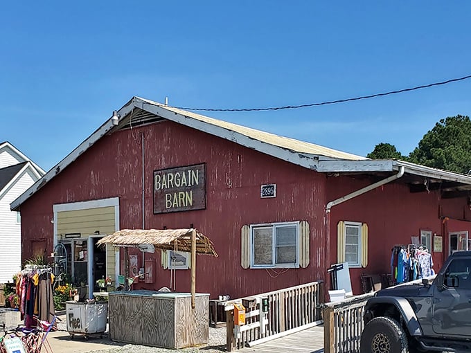 That classic red barn exterior promises treasures within, like a rustic jewelry box waiting to be opened.