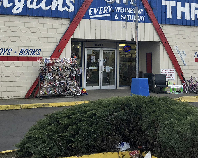 The blue and red exterior of Better Bargains stands like a retail mullet&mdash;business in the front, bargain party all around. Baby strollers await their next adventure.
