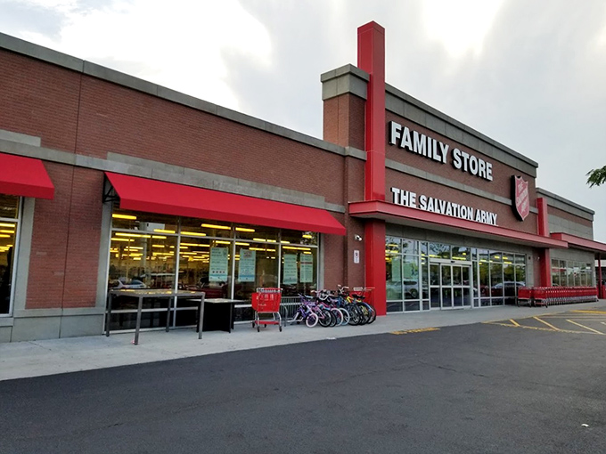 The iconic red awning of Salvation Army on Clybourn Avenue beckons like a lighthouse for bargain hunters navigating the sea of retail options.