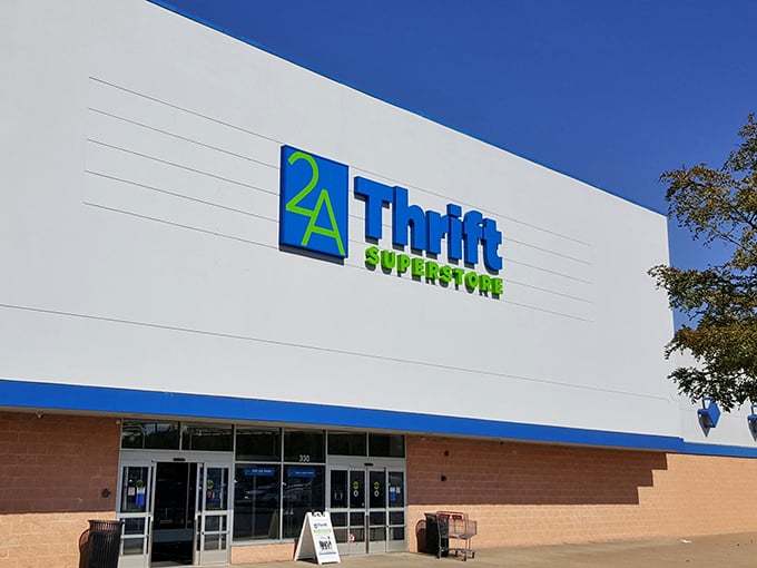 The iconic blue and green signage of 2nd Ave Thrift Superstore stands out against the clear Pennsylvania sky, beckoning treasure hunters from miles around. 