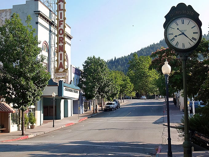 Downtown Dunsmuir looks like a movie set where time decided to take a vacation. The California Theatre marquee stands sentinel over streets framed by mountain vistas.