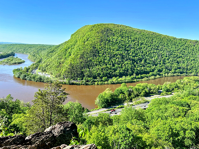 Nature's perfect postcard: the Delaware River carving its masterpiece through ancient mountains, with roads and forests creating a symphony of greens and blues.