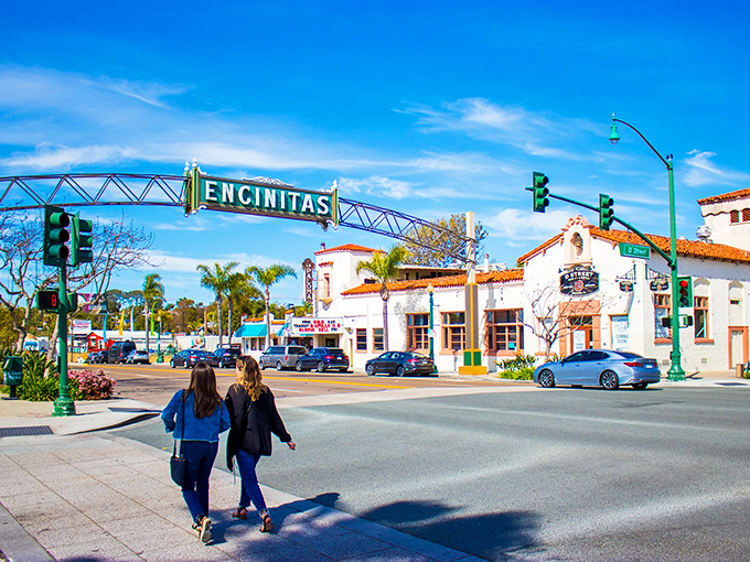 The iconic Encinitas sign welcomes you to paradise&mdash;where Spanish-style architecture meets surf culture and the clock permanently reads "chill o'clock."