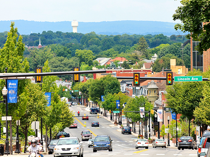 From above, Ephrata reveals its perfect small-town geometry where every street has a story to tell.