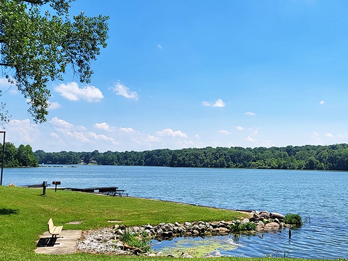 The stillness of Kiser Lake mirrors the sky like nature's own Instagram filter, no technology required.