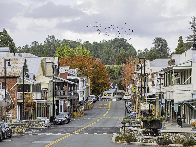 Main Street stretches before you like a living postcard, where historic buildings stand proudly against the backdrop of autumn-kissed foothills.