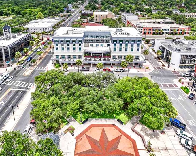 Downtown Ocala from above looks like someone took a small-town postcard and added an extra dose of charm and greenery.