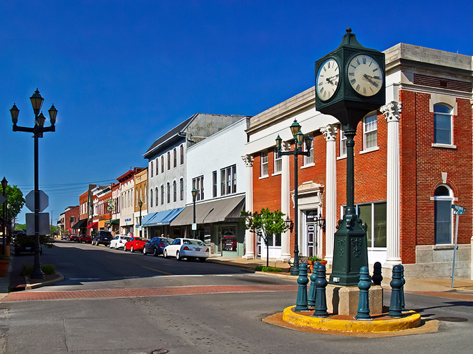 The view from the historic steps offers a postcard-perfect glimpse of Cape Girardeau's riverfront district, where the Mississippi meets Main Street charm.