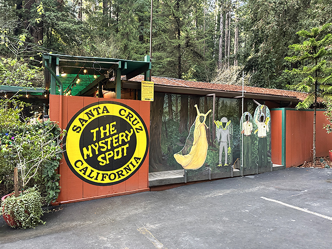 The Mystery Spot's vibrant welcome center looks like a portal to another dimension, complete with alien artwork that sets the perfect tone for weirdness ahead.
