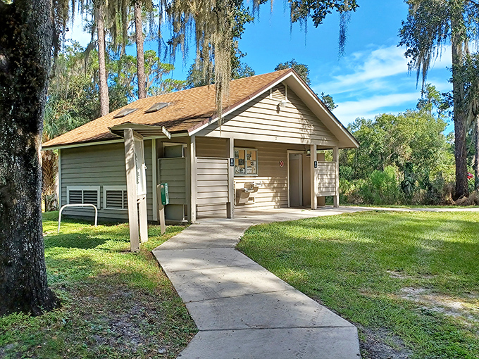 The perfect Florida postcard moment: a wooden bridge reflected in Paynes Creek's mirror-like waters, where time seems to stand perfectly still.