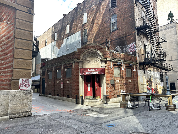 A corner of Columbus history standing defiant against time. The iconic red awning of Ringside Café beckons hungry travelers like a boxing ring's corner flag.