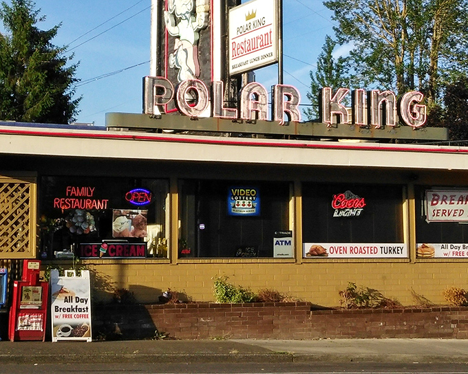 The Polar King's vintage sign and cartoon bear mascot stand as a defiant reminder that not everything needs a trendy rebrand to remain delicious.