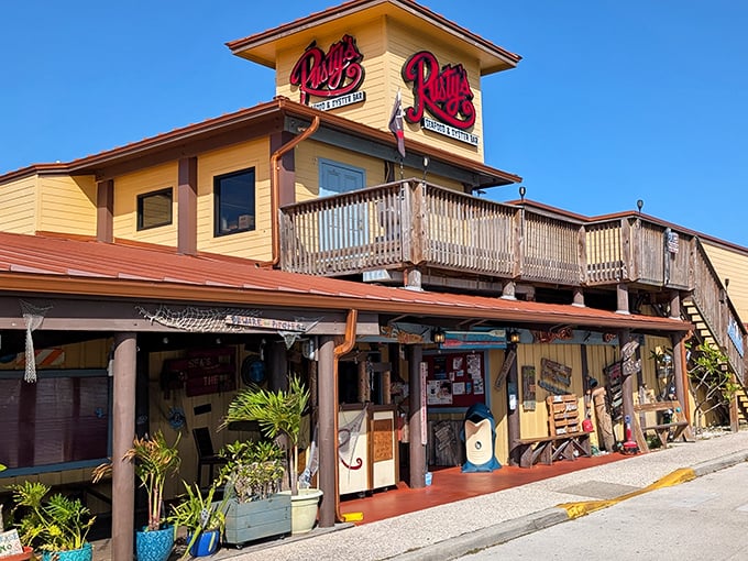 Rusty's stands proud against the Florida sky, its weathered wood and bright signage promising seafood treasures within. The perfect coastal hideaway.
