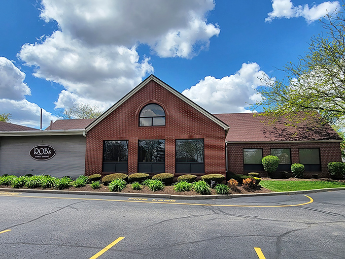 Rob's welcoming brick exterior stands like a culinary lighthouse in Brookville, promising comfort food treasures within those unassuming walls.