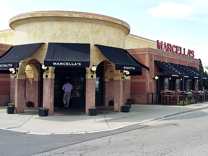 Marcella's curved facade and signature black awnings stand like a culinary lighthouse in Columbus, beckoning pasta pilgrims from across Ohio.