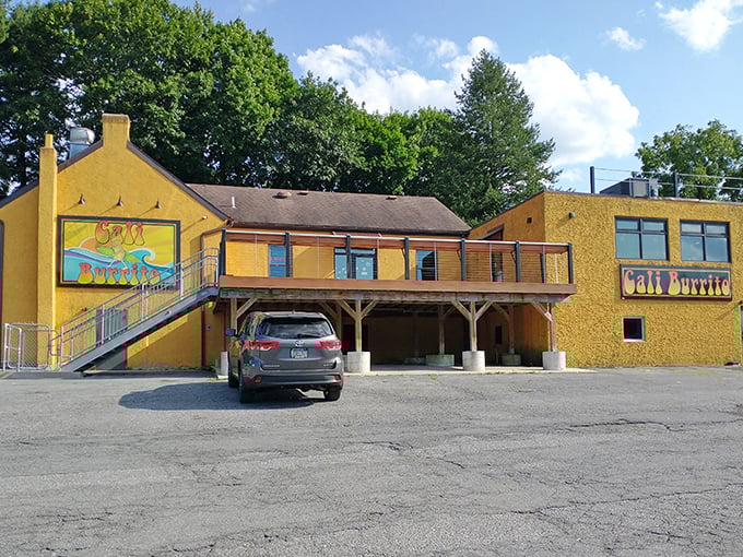 Sunshine in building form! Cali Burrito's vibrant yellow exterior stands out like a California postcard dropped into Pennsylvania's landscape.