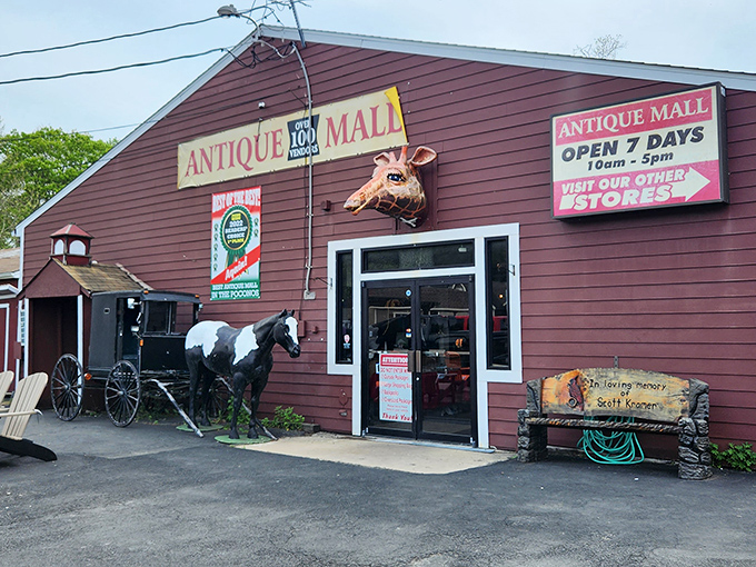 The burgundy barn with its whimsical giraffe head and horse statue isn't just quirky curb appeal&mdash;it's a siren call to treasure hunters everywhere.