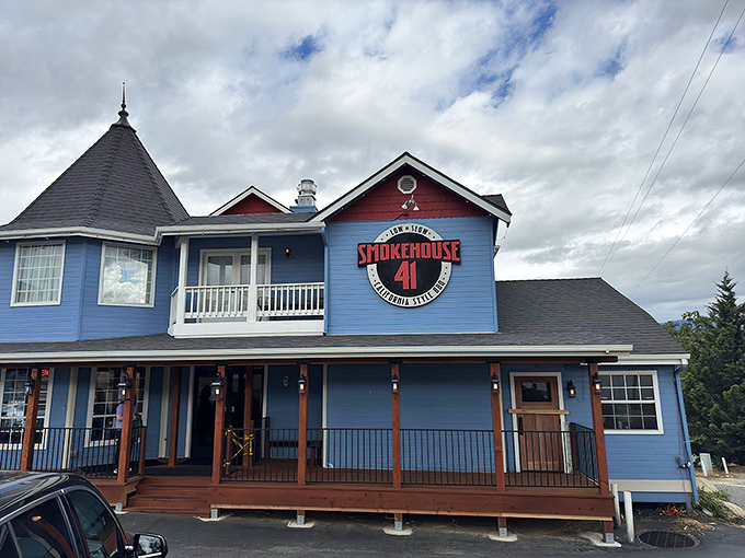 That blue Victorian charm meets serious barbecue business &ndash; where fairy tale architecture houses smoky dreams. 