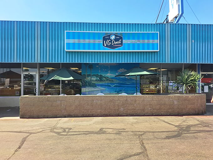 The unmistakable turquoise exterior of VG Donut & Bakery stands out like a sugary oasis on Cardiff's San Elijo Avenue, beckoning carb enthusiasts from miles around.