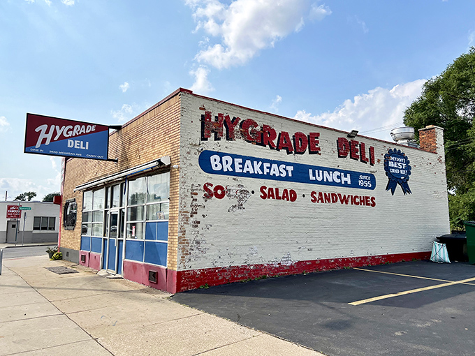 The unassuming brick exterior of Hygrade Deli stands as Detroit's sandwich sentinel, promising delicious treasures within its humble walls.