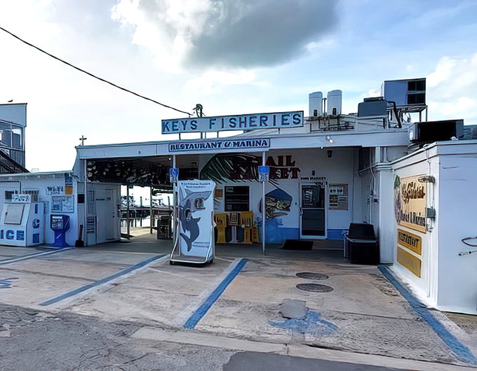 The unassuming entrance to seafood paradise. No fancy frills here&mdash;just the promise of ocean-fresh delights waiting beyond those humble doors.