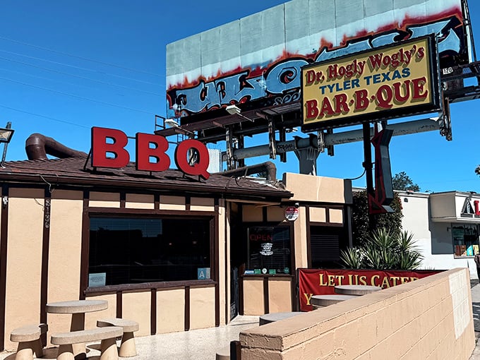That iconic sign beckons like a smoky siren call to BBQ lovers across the Valley. No fancy frills, just the promise of Texas-style meat magic.