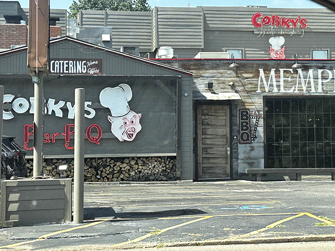 The unassuming exterior of Corky's hides barbecue greatness within, like finding a diamond in your backyard. That neon sign promises smoky delights await.