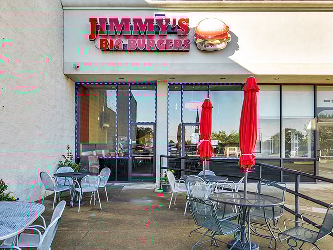 The iconic red signage of Jimmy's Big Burgers stands as a beacon of hope for hungry Garland locals. A burger paradise awaits behind those doors.